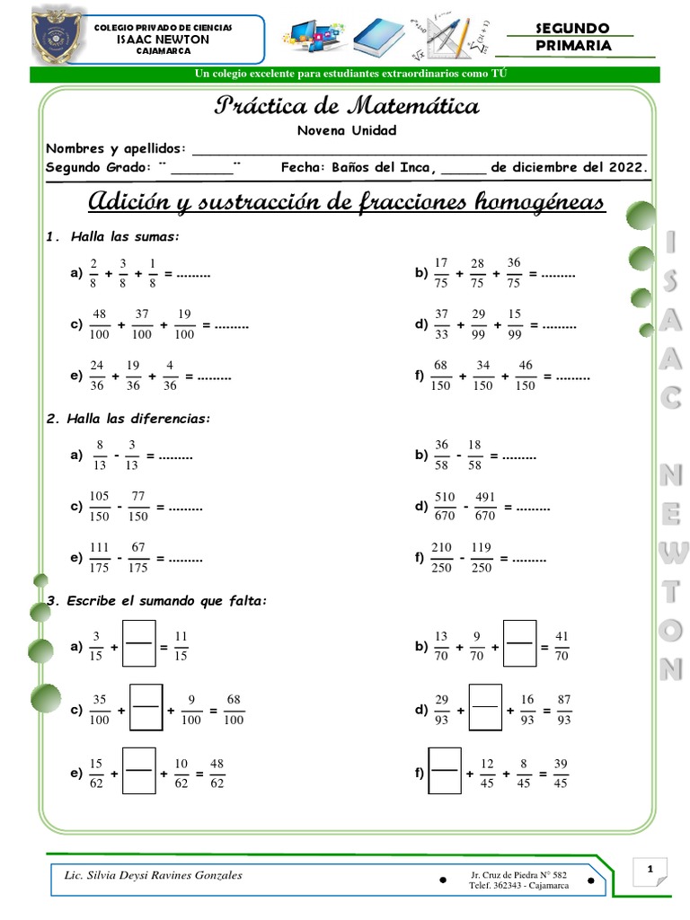 Práctica de Clase de Adición y Susraccion de Fracciones Homogéneas ...