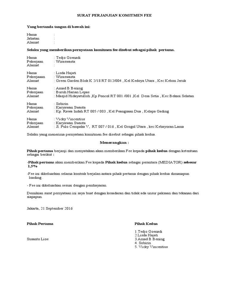 Contoh Surat Perjanjian Komitmen Fee | PDF