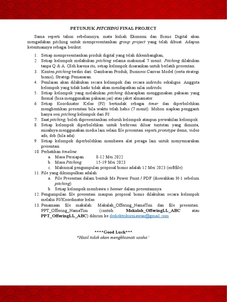 Petunjuk Pitching Final Project Mata Kuliah Ekonomi Dan Bisnis Digital | PDF