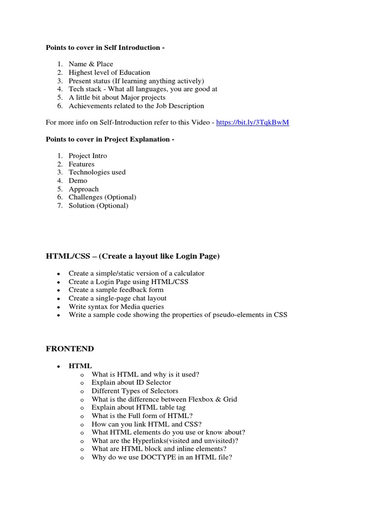 Interview Prepration shiva prasad m | PDF | Java Script | Html