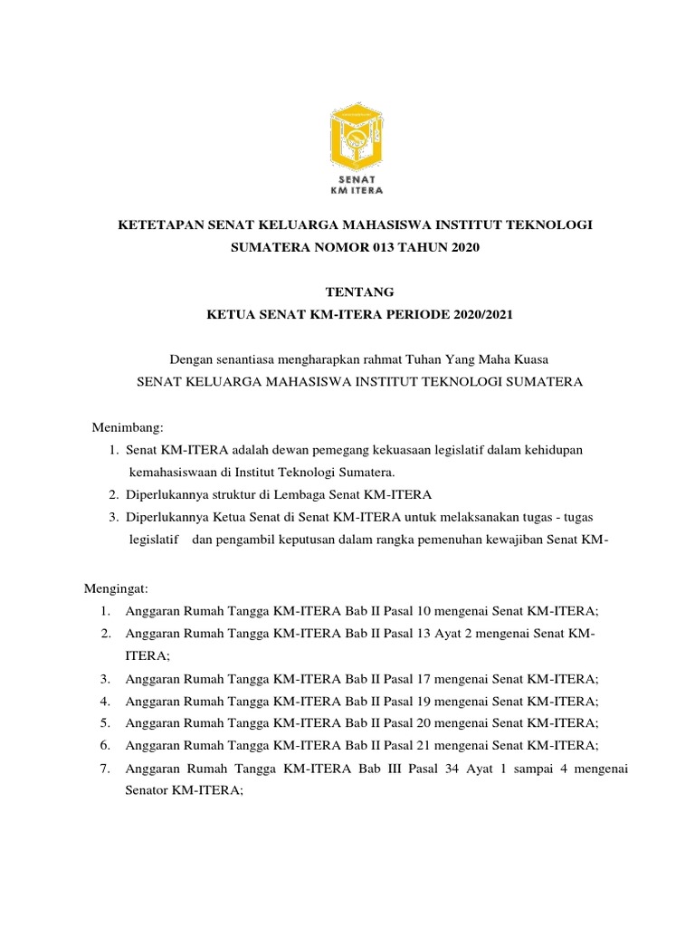 Ketetapan 14 - Ketua Senat KM-ITERA 2020-2021 | PDF