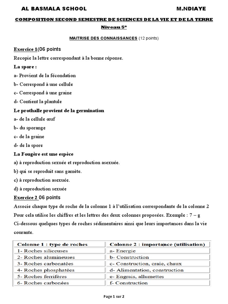 Composition SVT 5ème - Second Semestre | PDF