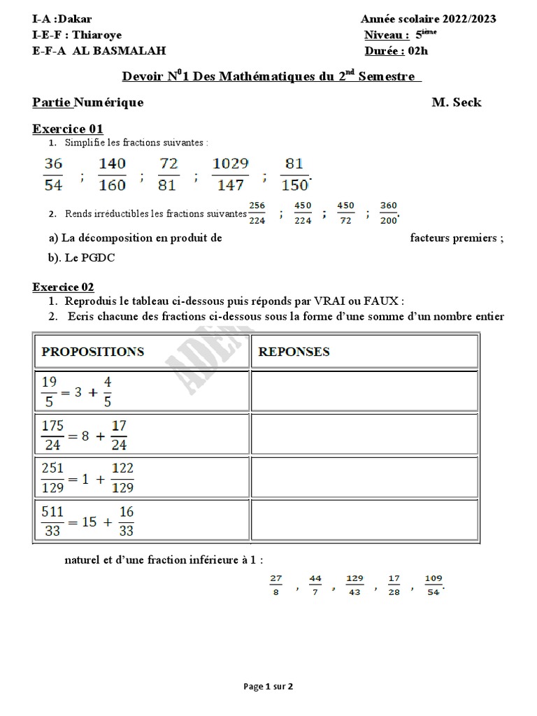 Devoir de Maths 5ème - 2nd Semestre | PDF