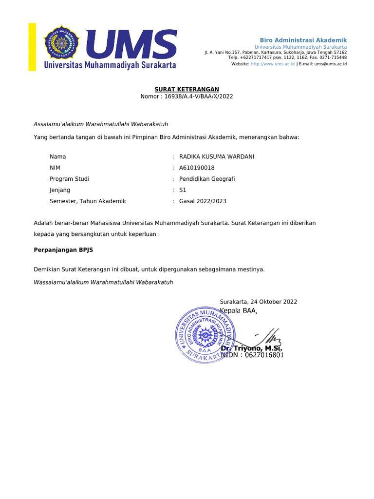 Surat Keterangan Mahasiswa UMS | PDF