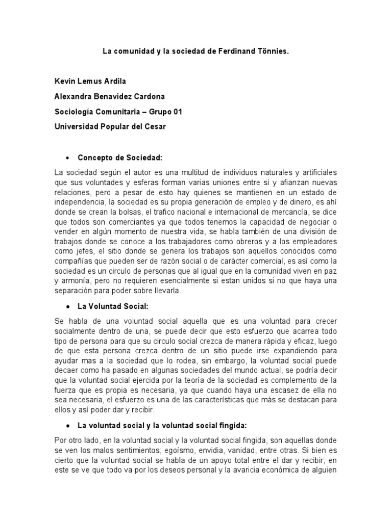 La Comunidad y La Sociedad de Ferdinand Tönnies | PDF | Sociedad ...