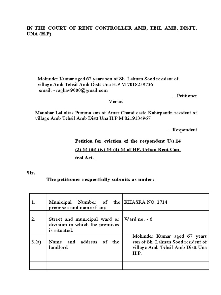 Rent Petition US 14 HP Urban Rent Control Act Mohinder Kumar | PDF ...
