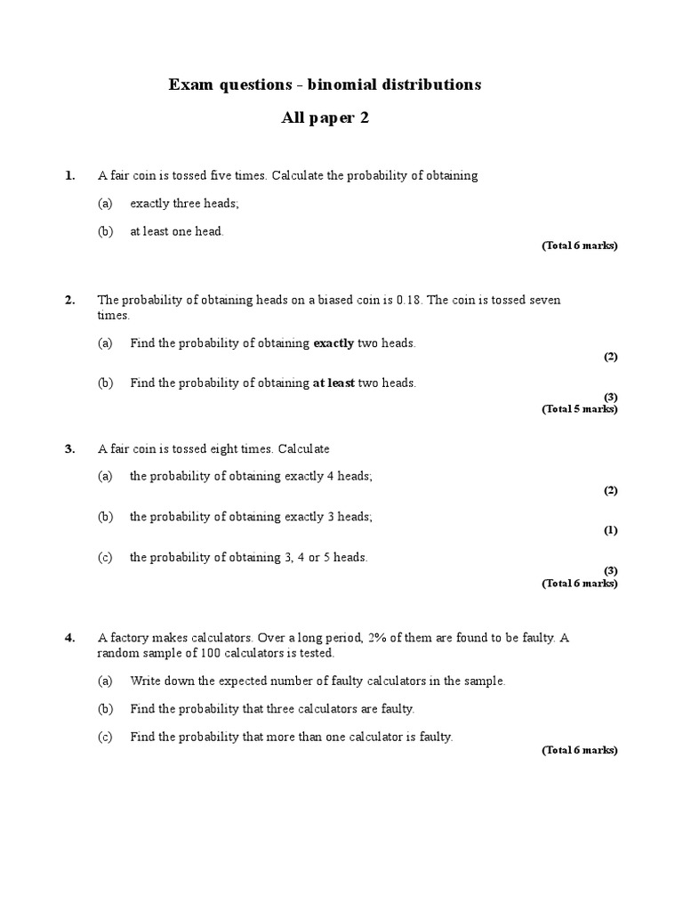 Binomial Distribution Exam Questions | PDF | Probability | Statistical ...