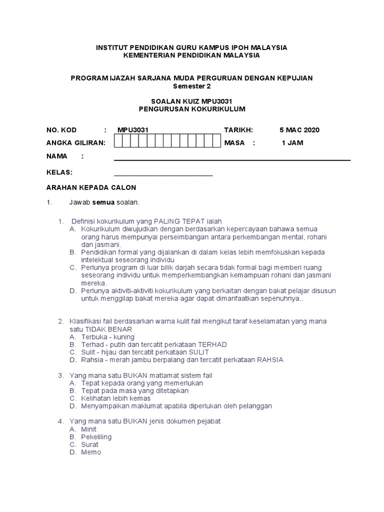 Soalan Kuiz MPU3031 P. Koku | PDF
