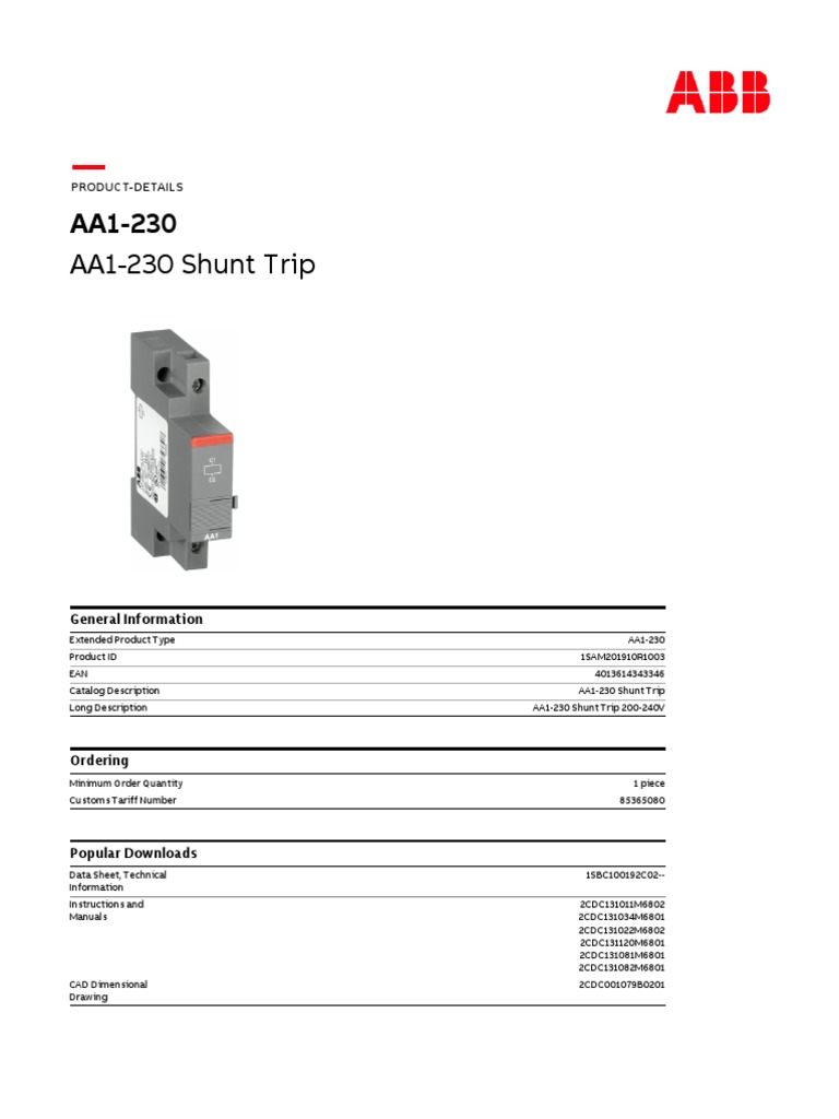 1SAM201910R1003 AA1-230 Shunt Trip_datasheet ABB | PDF | Electricity ...