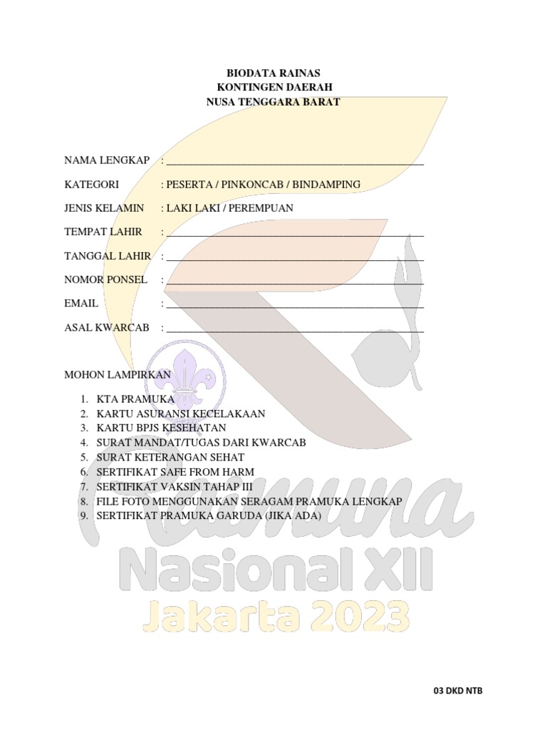 Form Biodata Kontingen Rainas Konda NTB | PDF