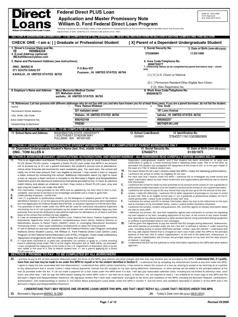 Federal Direct PLUS Loan Application Form | PDF