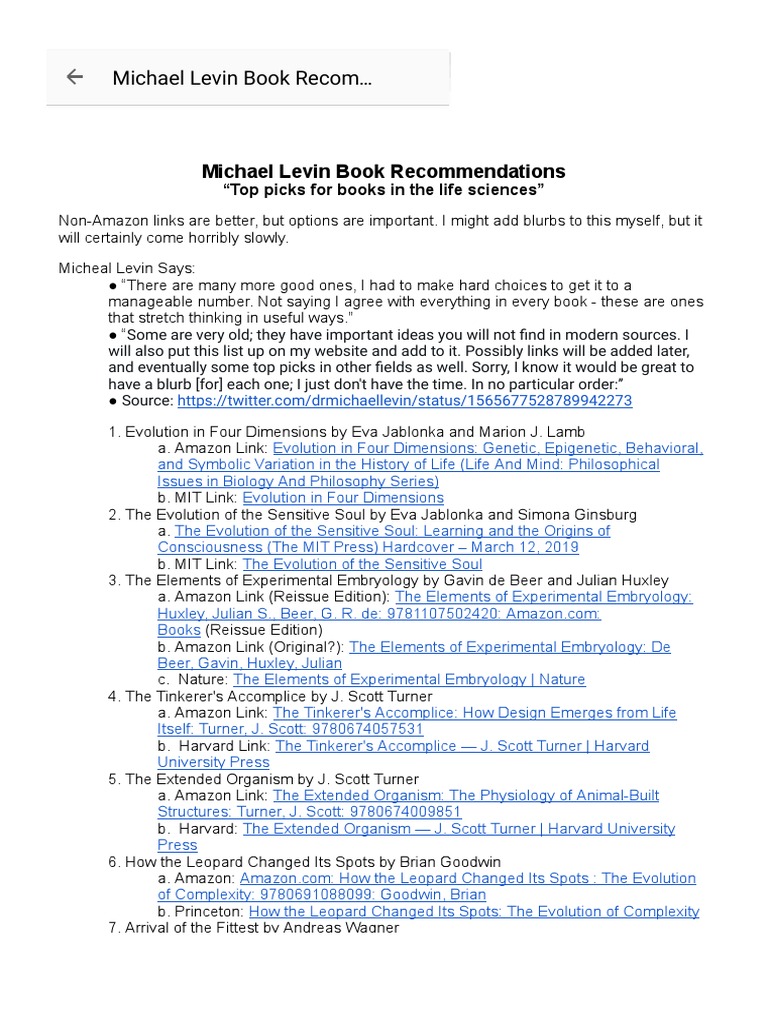 Michael Levin Book Recommendations | PDF | Biological Evolution | Evolutionary Biology