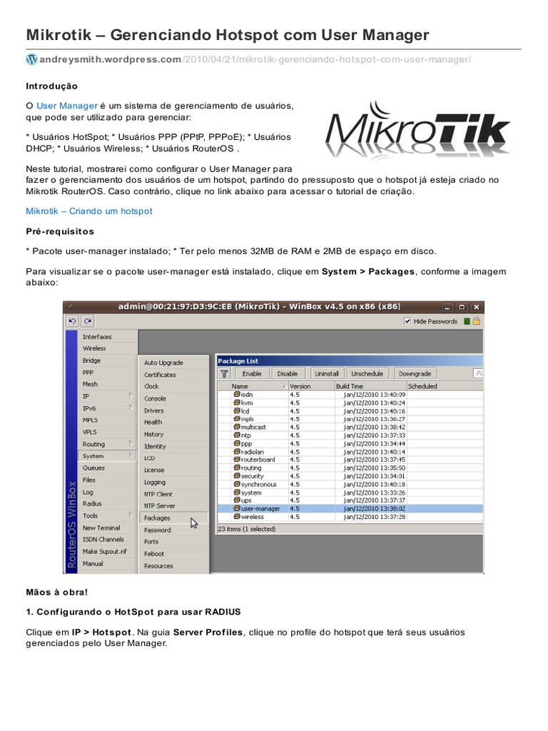 Mikrotik Gerenciando Hotspot Com UserManager | PDF | Raio | Redes de computadores