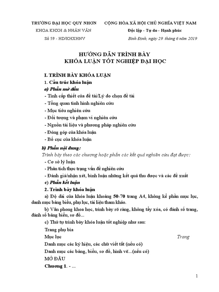 Hướng dẫn trình bày khóa luận (Khoa KHXH - NV, Đại học Quy Nhơn) | PDF