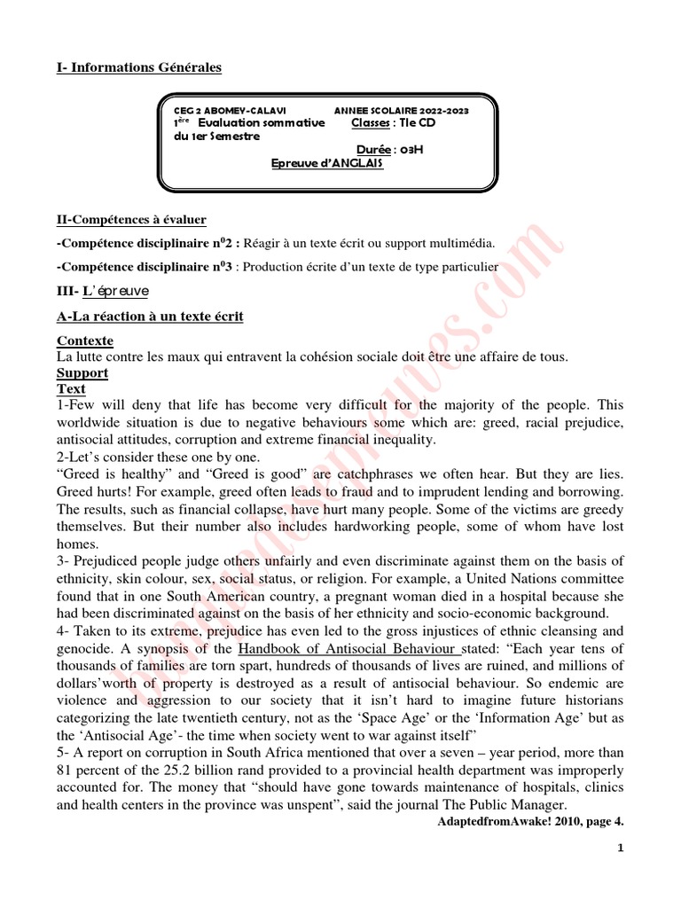 1ER DEVOIR DU 1ER SEMESTRE ANGLAIS Tle C-D 2022-2023 CEG2 ABOMEY-CALAVI PDF | PDF | Prejudices ...