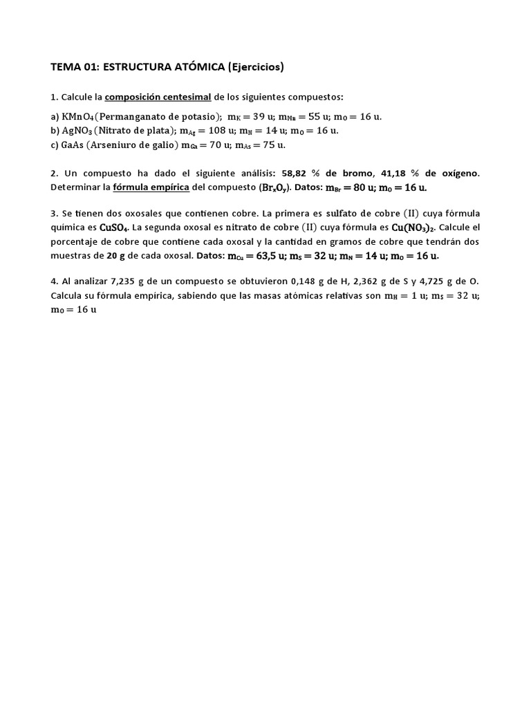 Ejercicios de Composición Centesimal y Fórmula Empírica (Excursión) | PDF