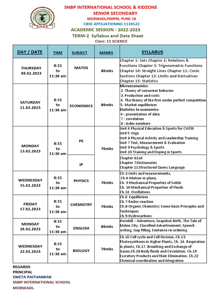 Class 11 Science Syllabus & Date Sheet | PDF | Science & Mathematics ...