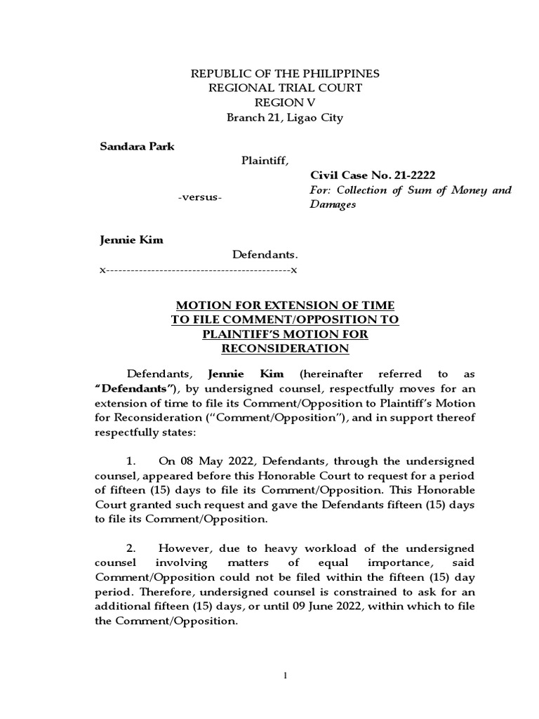 Motion For Extension To File Answer | PDF | Lawsuit | Separation Of Powers