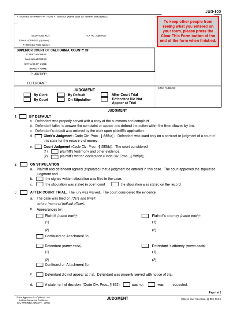 Jud 100 | PDF | Complaint | Judgment (Law)