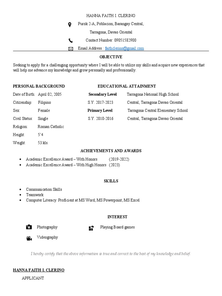 Resume For Work Immersion | PDF