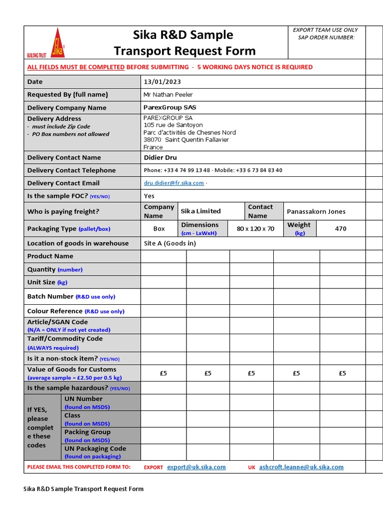2-Sika RD Sample Transport Request Form - WGC To Sika Lyon | PDF ...