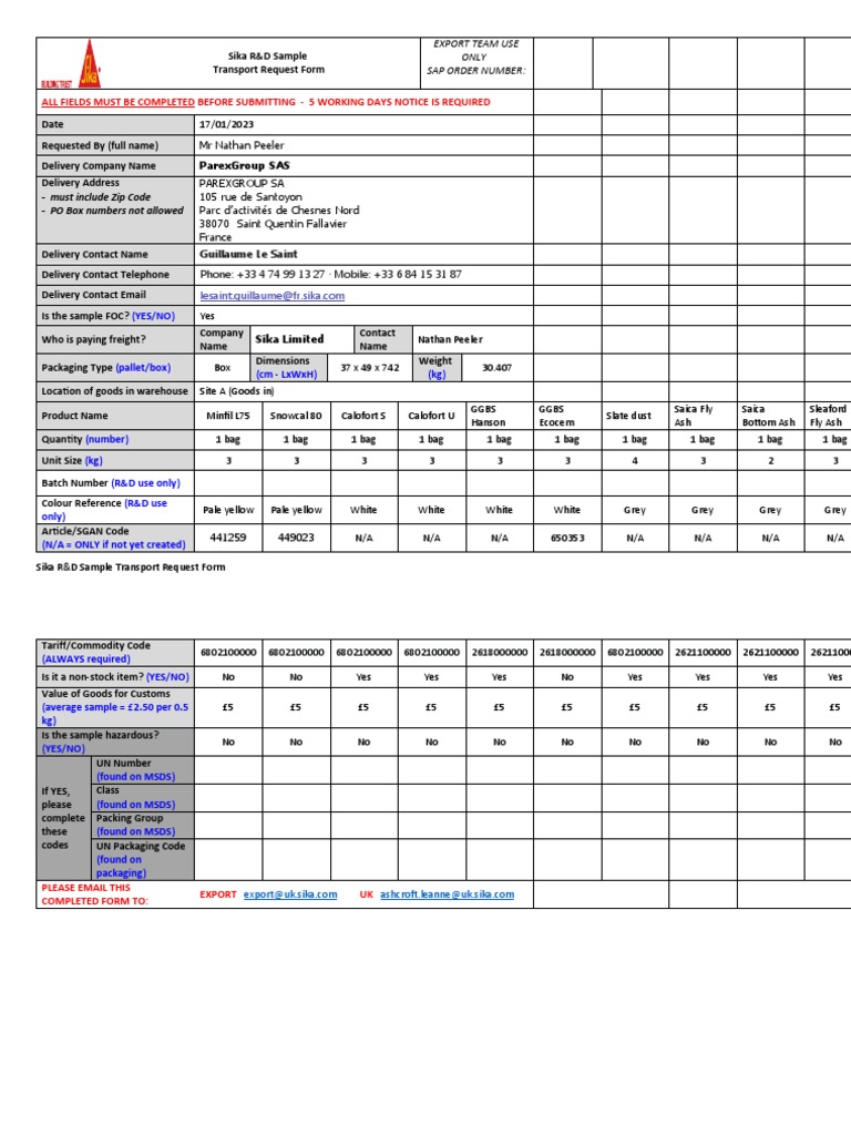 Sika RD SCM Sample Transport Request Form - WGC To Sika Lyon | PDF ...