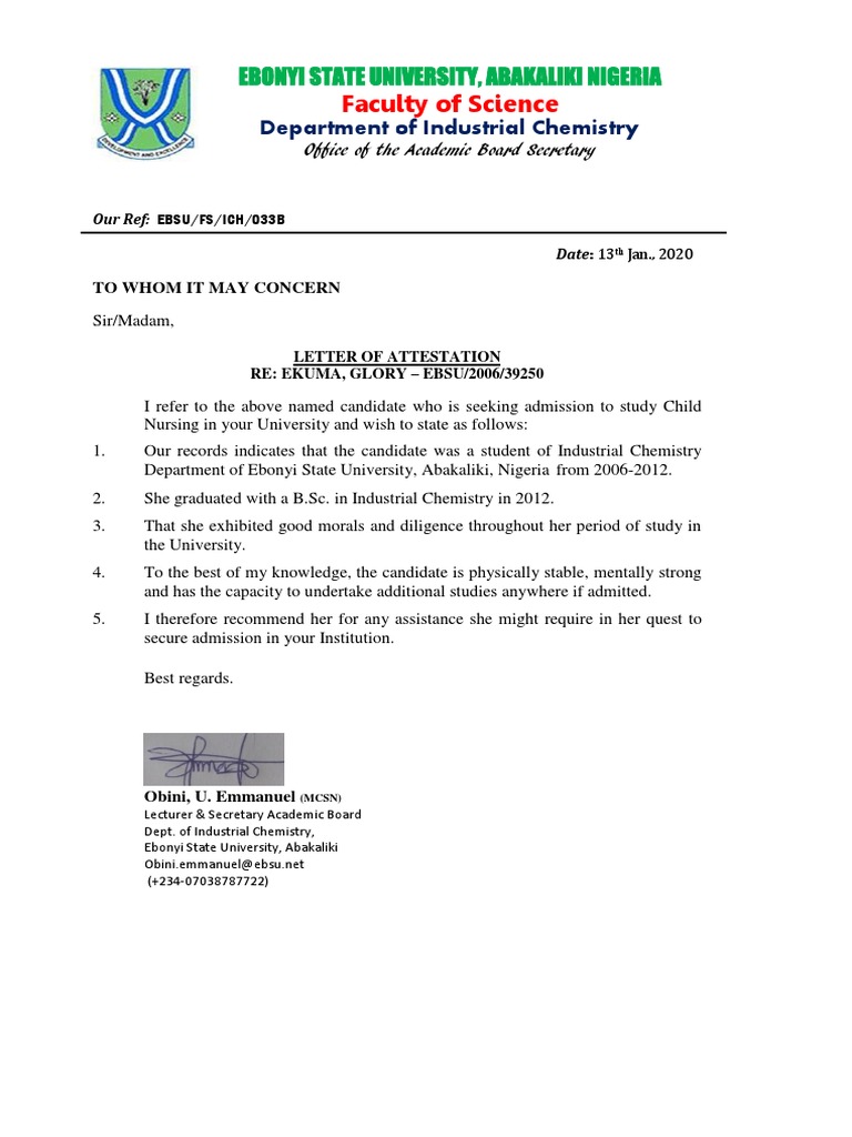 EBSU Attestation Letter for Admission | PDF | Science & Mathematics