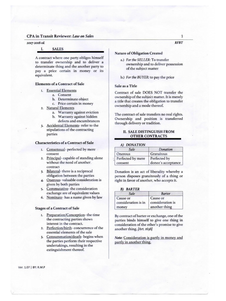 CPA RFBT Reviewer Law On Sales PDF | PDF