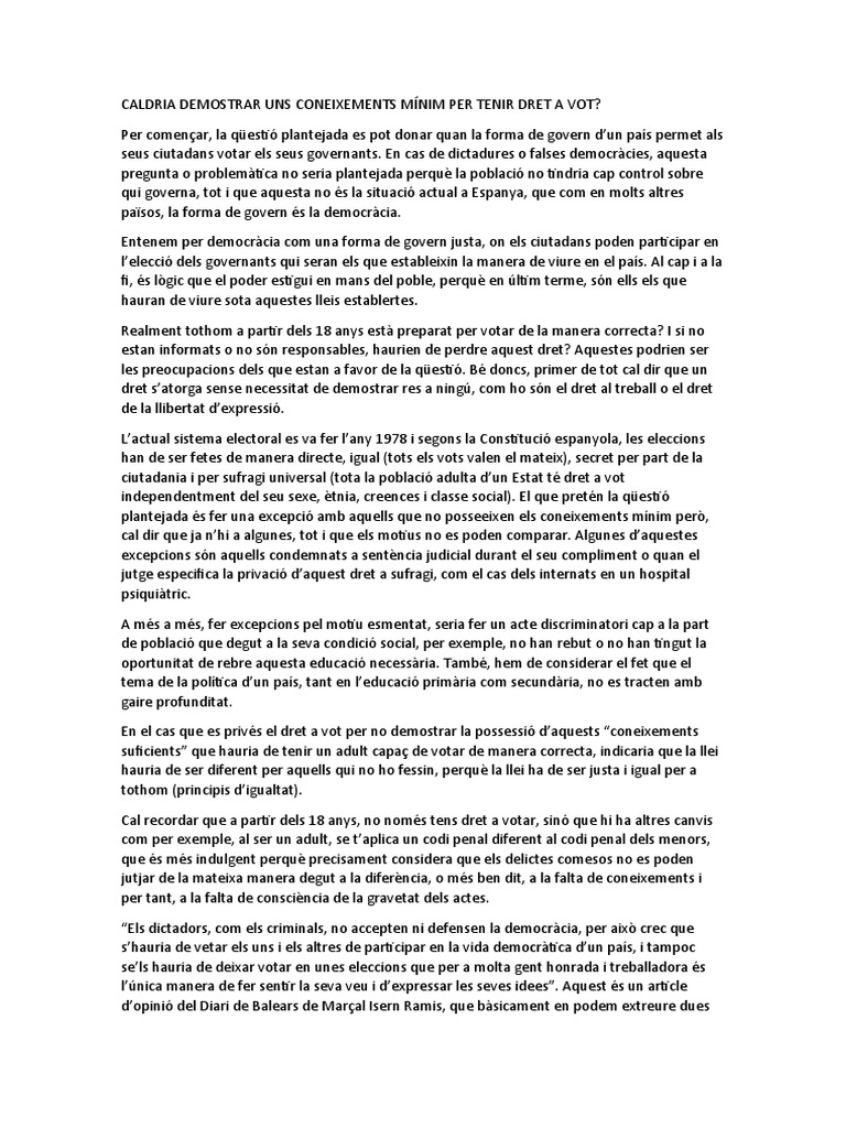 Caldria Demostrar Uns Coneixements Mínim Per Tenir Dret A Vot | PDF