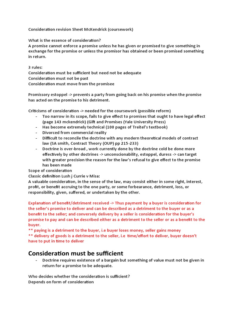 Consideration Revision Sheet McKendrick | PDF | Consideration | Estoppel
