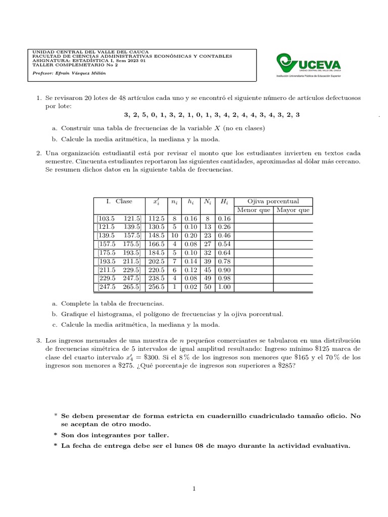 TALLER Complementario 2 Estadistica I 2023 01 Uceva - PDF | PDF