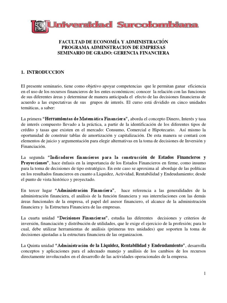 Contenido Tematico Gerencia Financiera | PDF