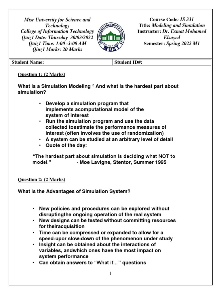 Edited Quiz 1 MSimulation M1 Model Answer DR - Esmat PDF | PDF