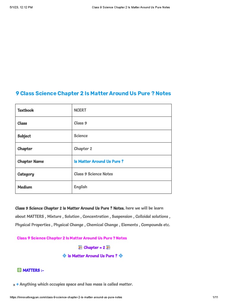 Class 9 Science Chapter 2 Is Matter Around Us Pure Notes.pdf | PDF ...