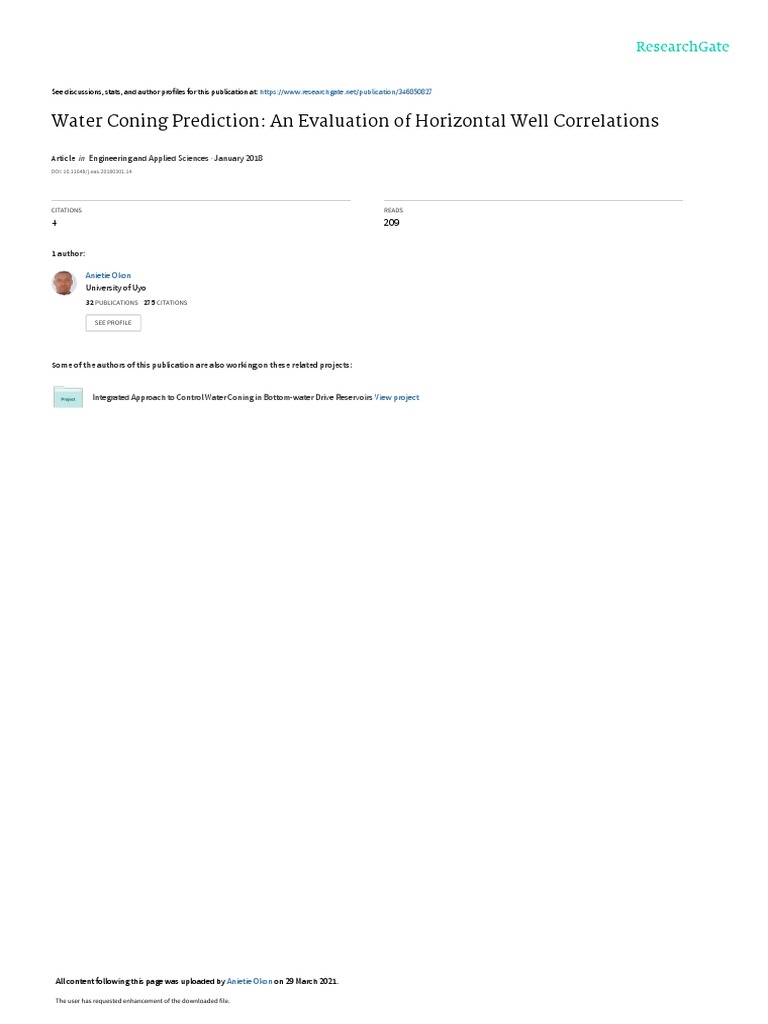 Water Coning Prediction An Evaluation of Horizonta PDF | PDF