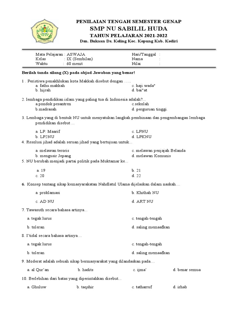Aswaja PAT Genap 9 2022 | PDF