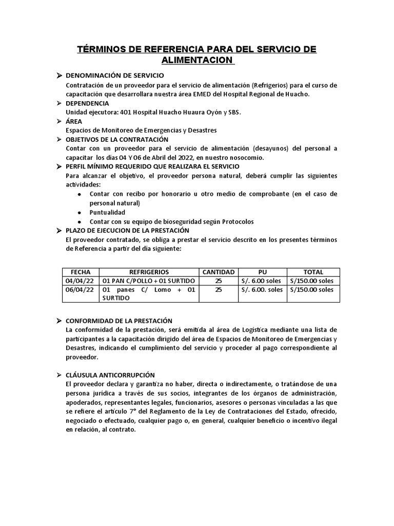 TDR ALIMENTACION REFRIGERIOS.docx | PDF | Corrupción política | Hospital
