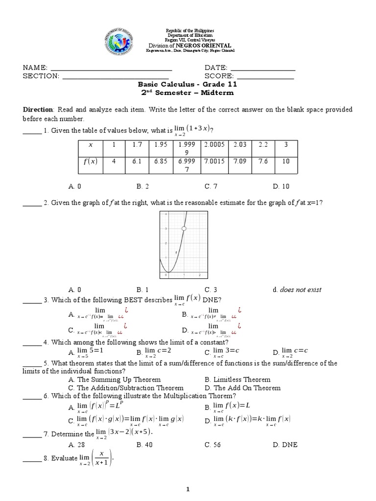 Basic Calculus 11 - 3rd Quarter Assessment | PDF