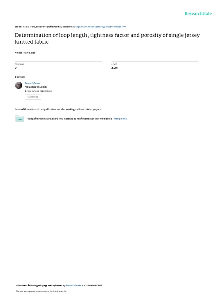 Determination of Loop Length, Tightness Factor and Porosity of Single ...