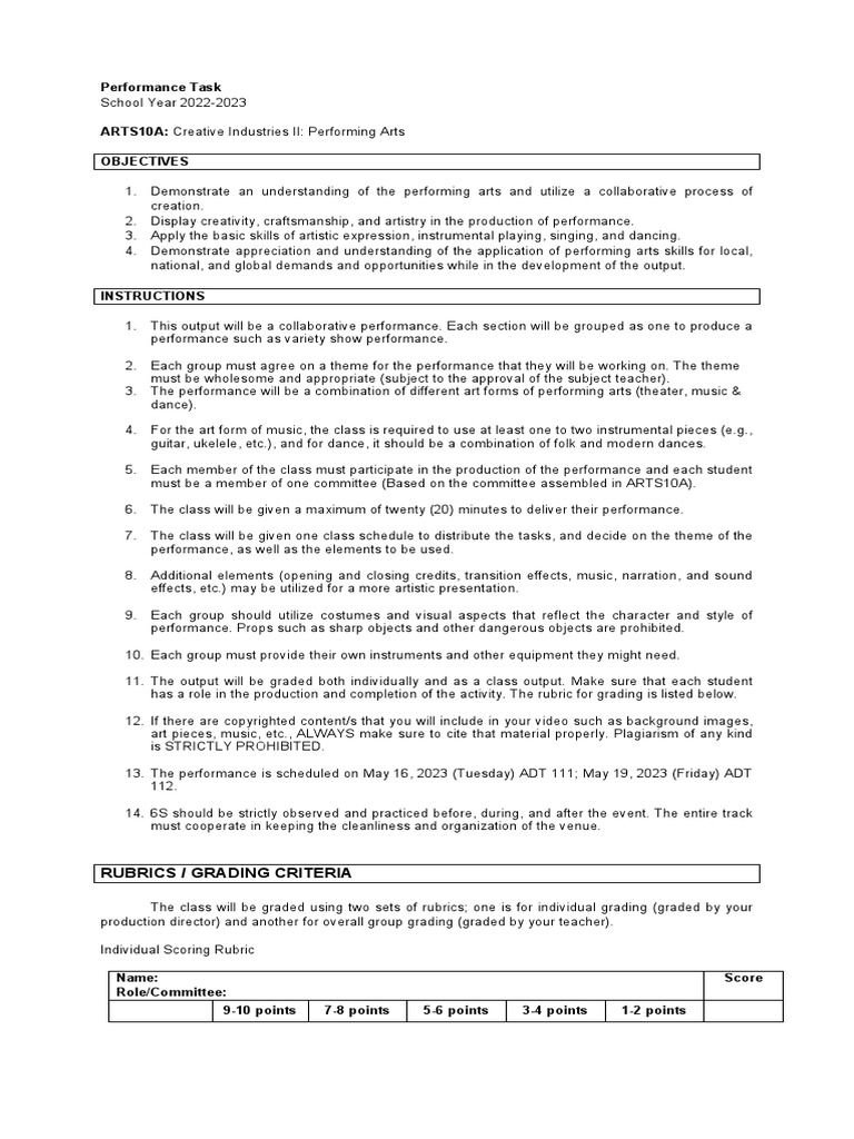 Final Performance Task - ARTS10A | Download Free PDF | Rubric (Academic ...