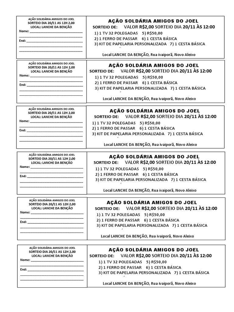 Sorteio beneficente Amigos do Joel | PDF