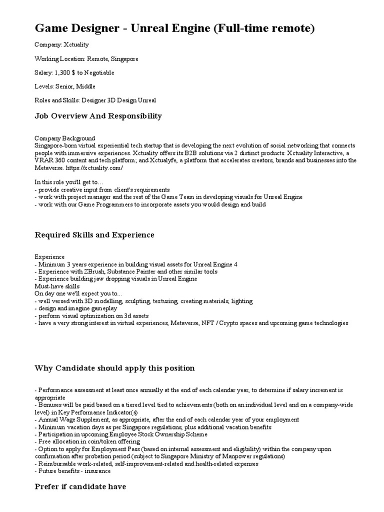 Game Designer - Unreal Engine (Full-Time Remote) - 2 PDF | PDF