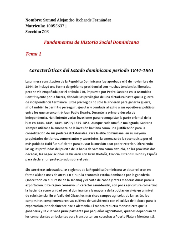 Fundamentos de Historia Social Dominicana - Trabajo Final - Sección ...
