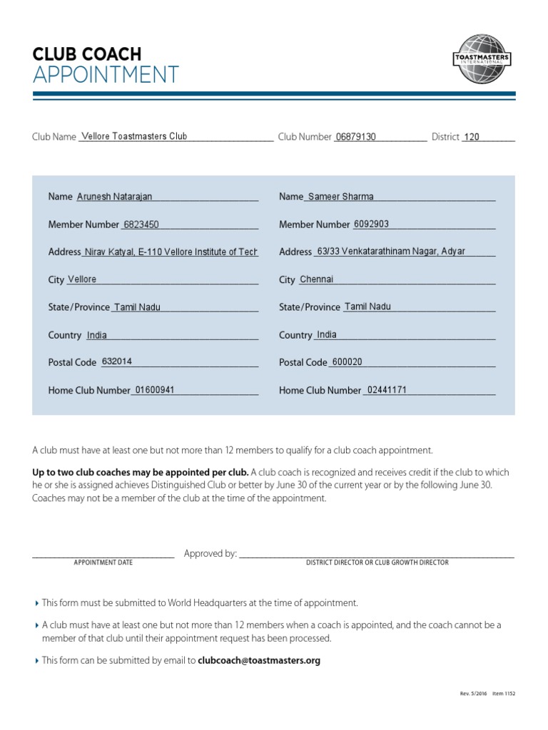 1152 Club Coach Appointment (1) - Vellore Toastmasters Club PDF | PDF