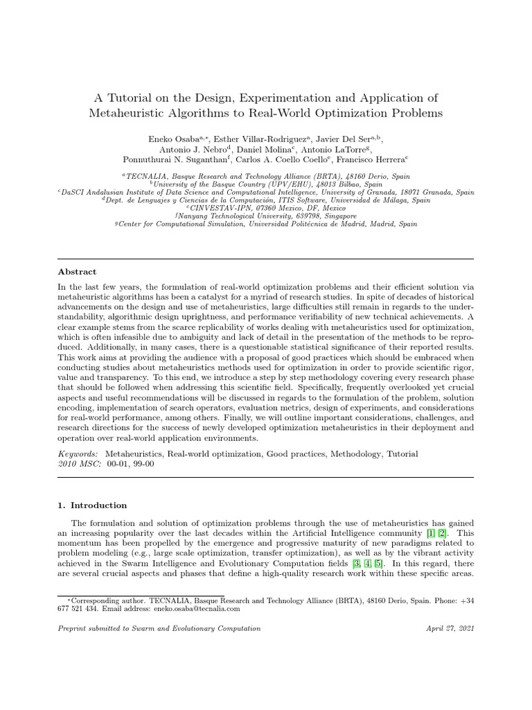 A Tutorial On The Design Experimentation And Application Of Metaheuristic Algorithms To Real 