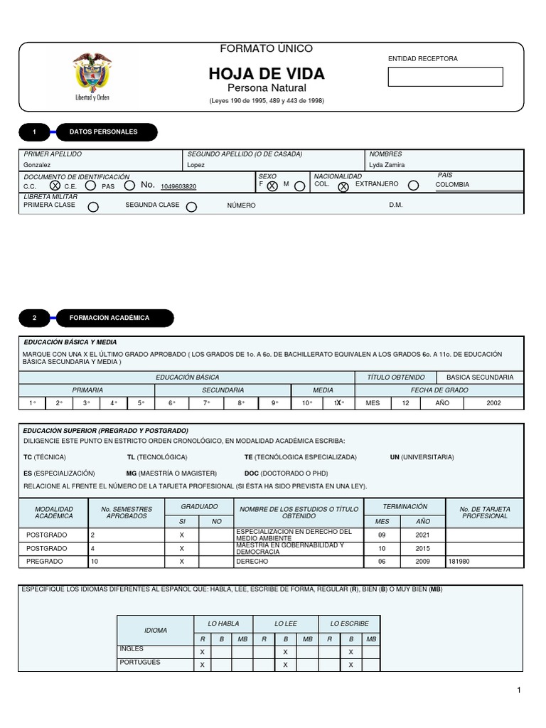 Hoja de Vida de Lyda Zamira González | PDF
