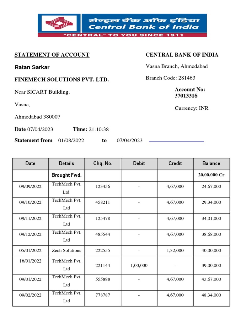 Statement of Account for Ratan Sarkar's Finemech Solutions Pvt. Ltd ...