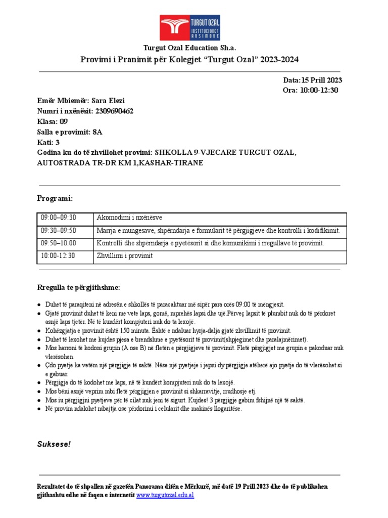 Provimi I Pranimit 2023 - Dokumenti I Hyrjes (Sara Elezi) PDF | PDF