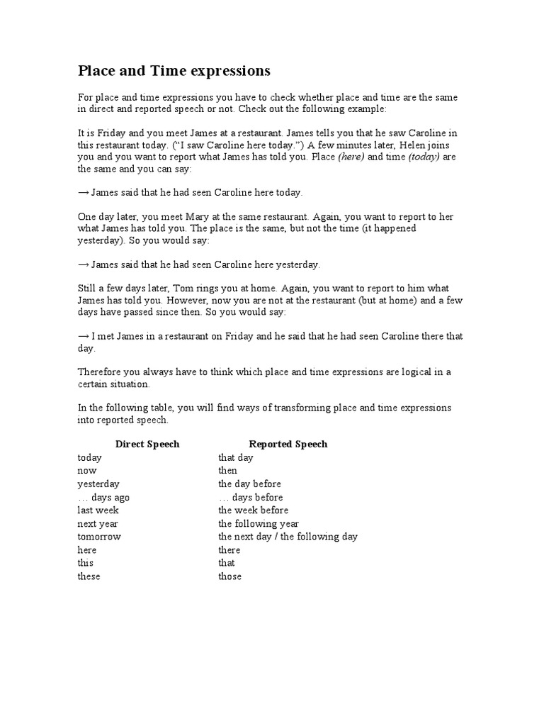 Reported Speech Place and Time Expressions | PDF