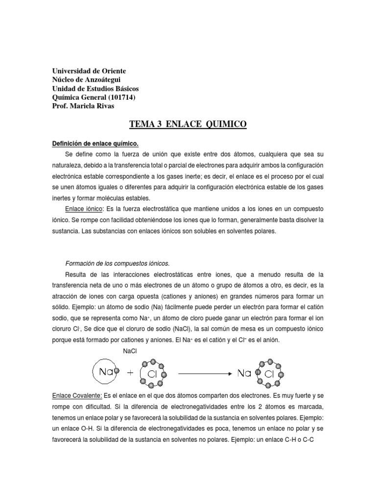 Tema 3 Enlace Químico, Quimica General UDO PDF | PDF